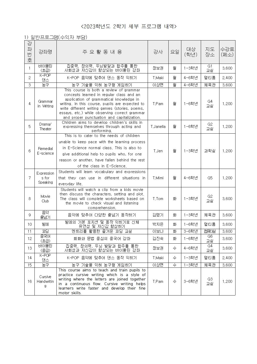 KISP | [KISP-24] 2023학년도 2학기 초등방과후학교 프로그램 신청 안내